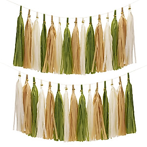 jijAcraft 15Pcs Tissue Paper Tassel Garland Sage Green, DIY Party Tassel Banner for Greenery Safari Jungle Woodland Baby Shower Camp Bachelorette Bridal Shower Birthday Nursery Classroom Decor