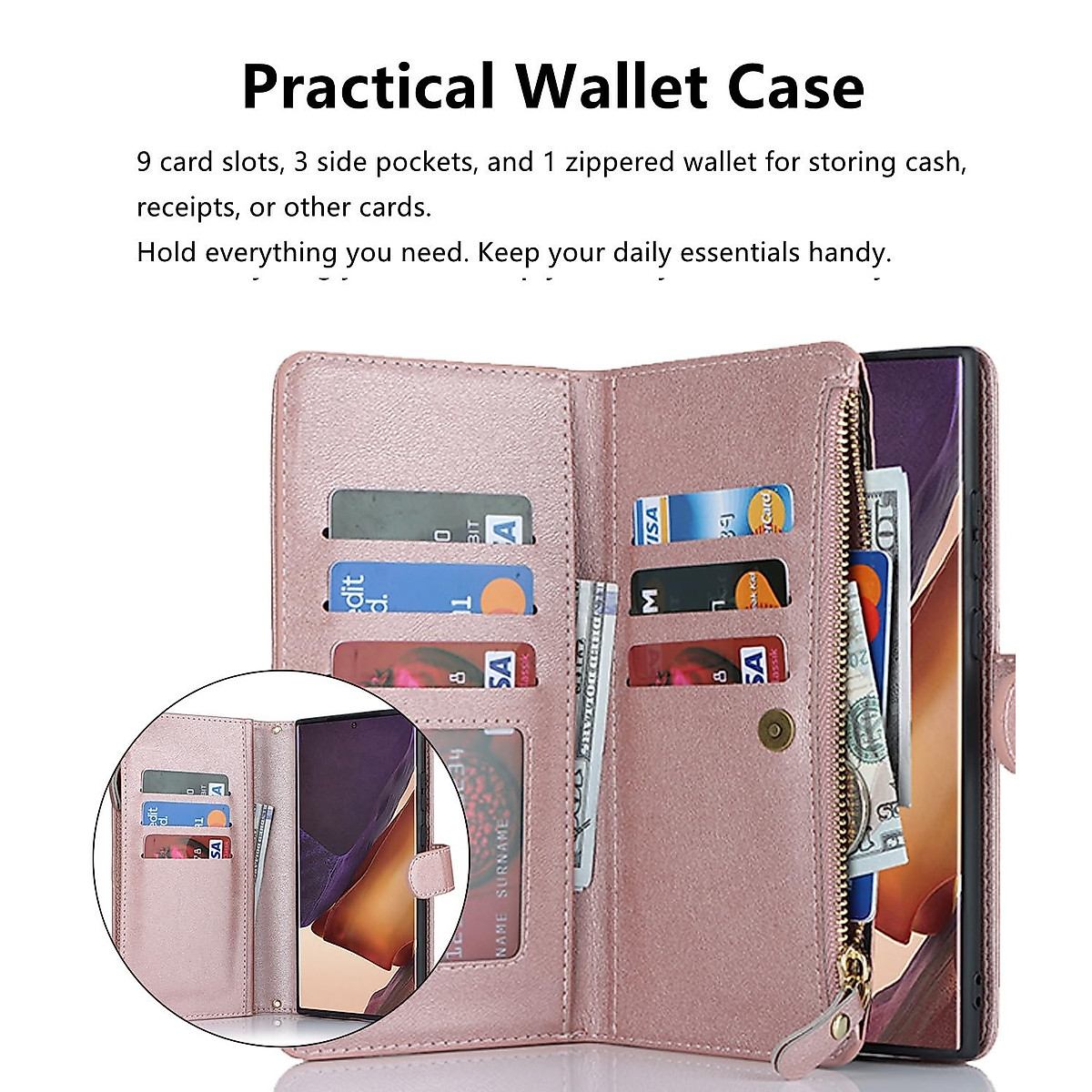 iCoverCase for Samsung Galaxy Note 20 Ultra Wallet Case with Card Holder for Women, Crossbody Lanyard Strap Kickstand PU Leather Case with Zipper Pocket Credit Card Slots Cover (Rose Gold)