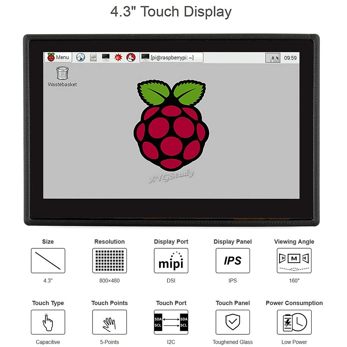 XYGStudy 4.3inch for Raspberry Pi IPS LCD Capacitive Touch Display Screen 800×480 IPS Wide Angle MIPI DSI Interface Monitor for Raspberry Pi 4 Model B with 3D Protection Cover Case and Cooling Fan