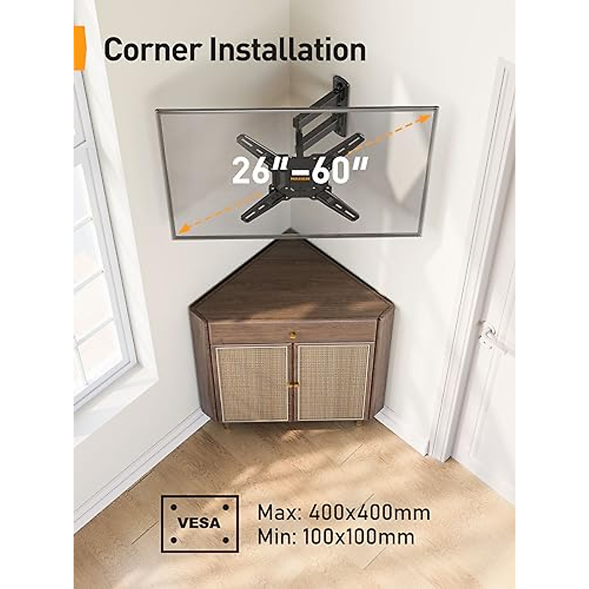 Perlegear UL Listed Full Motion TV Mount for Most 26–60 inch Flat or Curved TVs up to 82 lbs, Wall Mount TV Bracket with Articulating Arms, Tool-Free Tilt, Swivel, Extension, Max VESA 400x400mm, PGMF3