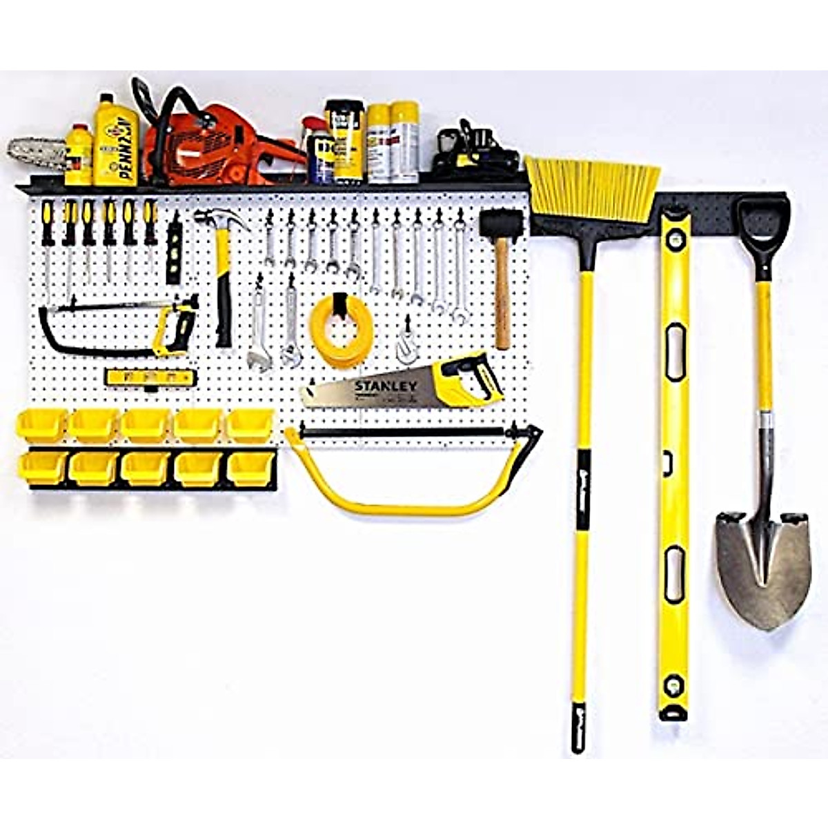 WALLPEG Pegboard Wall Organizer 48- inch Garage Pegboard Panel Organizer Utility Tool Storage Kit with Tool board Peg Hooks Accessories, Wall Mounted Storage Bins, Lawn Tool Rack Overhead Shelf (White Pegboard)