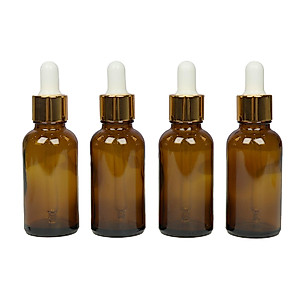 4-piece set, 1-ounce dropper bottle with 2 funnels and label -30ml amber glass tincture bottle with dropper - leak proof essential oil bottle (Amber color,white)
