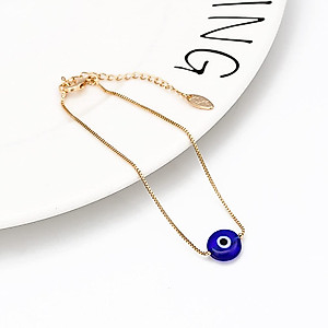 Pingyongchang Blue Turkish Evil Eye Beads Charm Bracelet Bohemian Devil Eye Hamsa Gold Colored Copper Chain Adjustable Bracelet for Women Men Jewelry-Blue