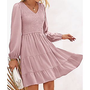 ZESICA Women's Casual V Neck Long Sleeve Smocked High Waist Ruffle A Line Tiered Mini Dress,DarkPink,Medium
