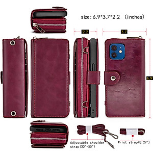 MODOS LOGICOS Crossbody Bag for iPhone 13 6.1", [Shoulder Wrist Straps] [Zipper Storage] [11 RFID Card Slots 3 ID Window] PU Leather Purse with Removable Inner Magnetic TPU Case - Wine Red