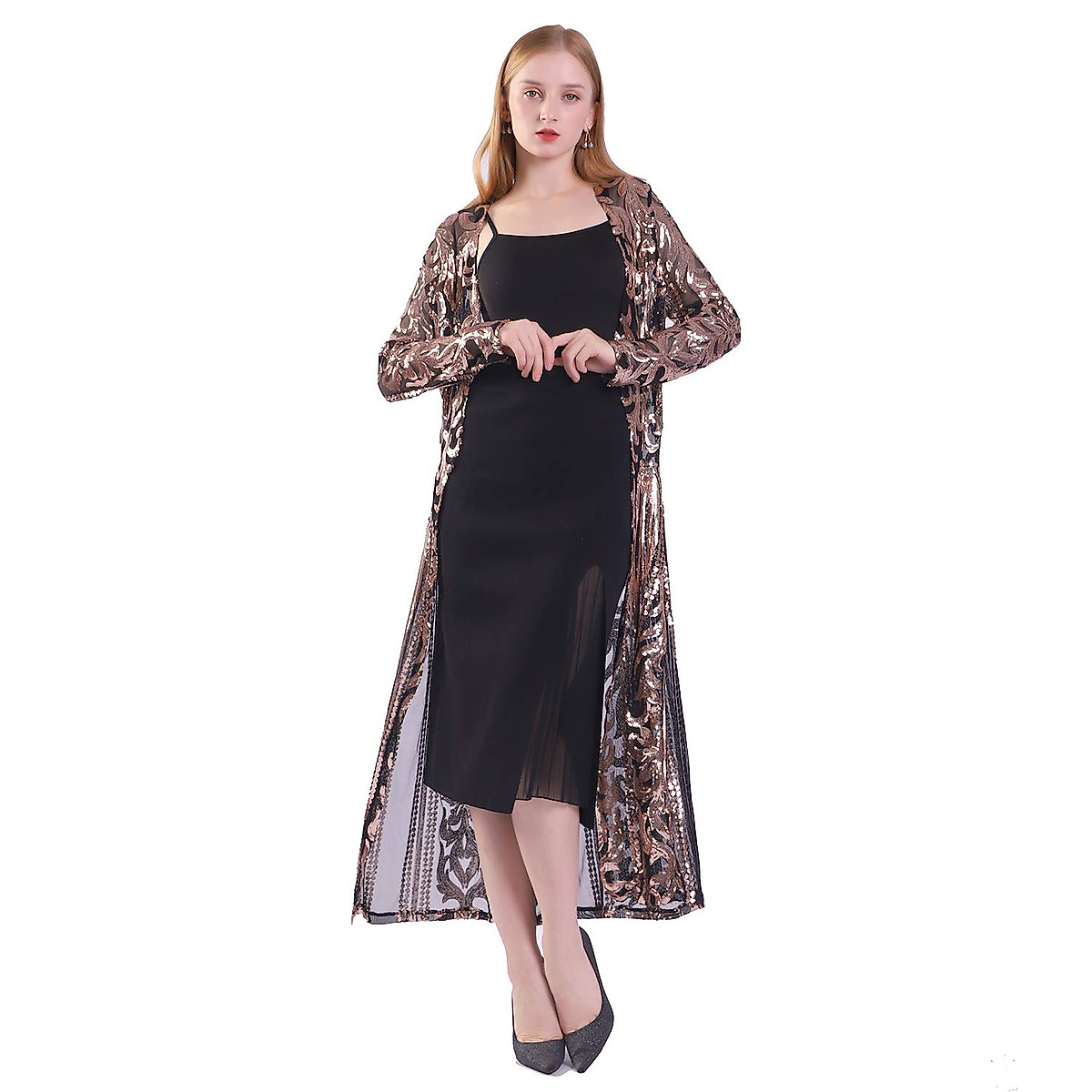 Women's Sequin Cardigan Summer Cover Up Dress Glitter Sparkle Open Front Coat Dresses Duster for Evening Prom 3XL Black