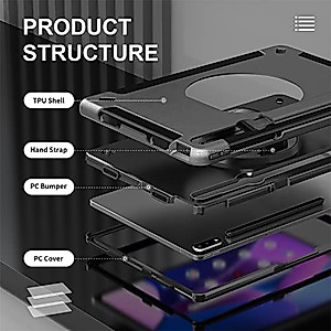 Case for Lenovo Tab P12 Pro 12.6-Inch (TB-Q706F /TB-Q706Z), 3 Layer Hybrid Shockproof Rugged Protective Case with 360° Rotating Stand - Hand Strap - Shoulder Strap,Black