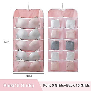 2 PCS Bra Hanging Bag, Cloth Dual Sided Wall Shelf Wardrobe Space Saver Bag for Underwear Bra Socks Storage Hanging Bags,with Mesh Pockets & Rotating Metal Hanger, Pink(5+10 Grids)&Gray(12+18 Grids)