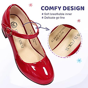 LseLom Girls Dress Shoes Mary Jane Shoes for Girls Low Heel Princess Hook and Loop Dance Shoes Party Wedding Flats for Big Girls Red Big Kid 2