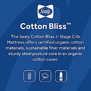Sealy Baby Cotton Bliss Breathable 2 Stage Waterproof Crib Mattress plus Toddler Bed Fit, 204 Extra Firm Coils, Organic Cover, GREENGUARD Gold Certified, Safety & Quality Tested, Made in USA, 52'X28'