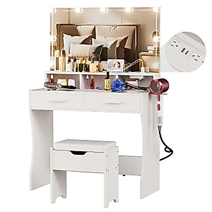 Vabches Makeup Vanity with Lighted Mirror & Outlet Charging Station, White Vanity Set Makeup Table, 3 Lighting Colors, Brightness Adjustable, 31.5in(W)