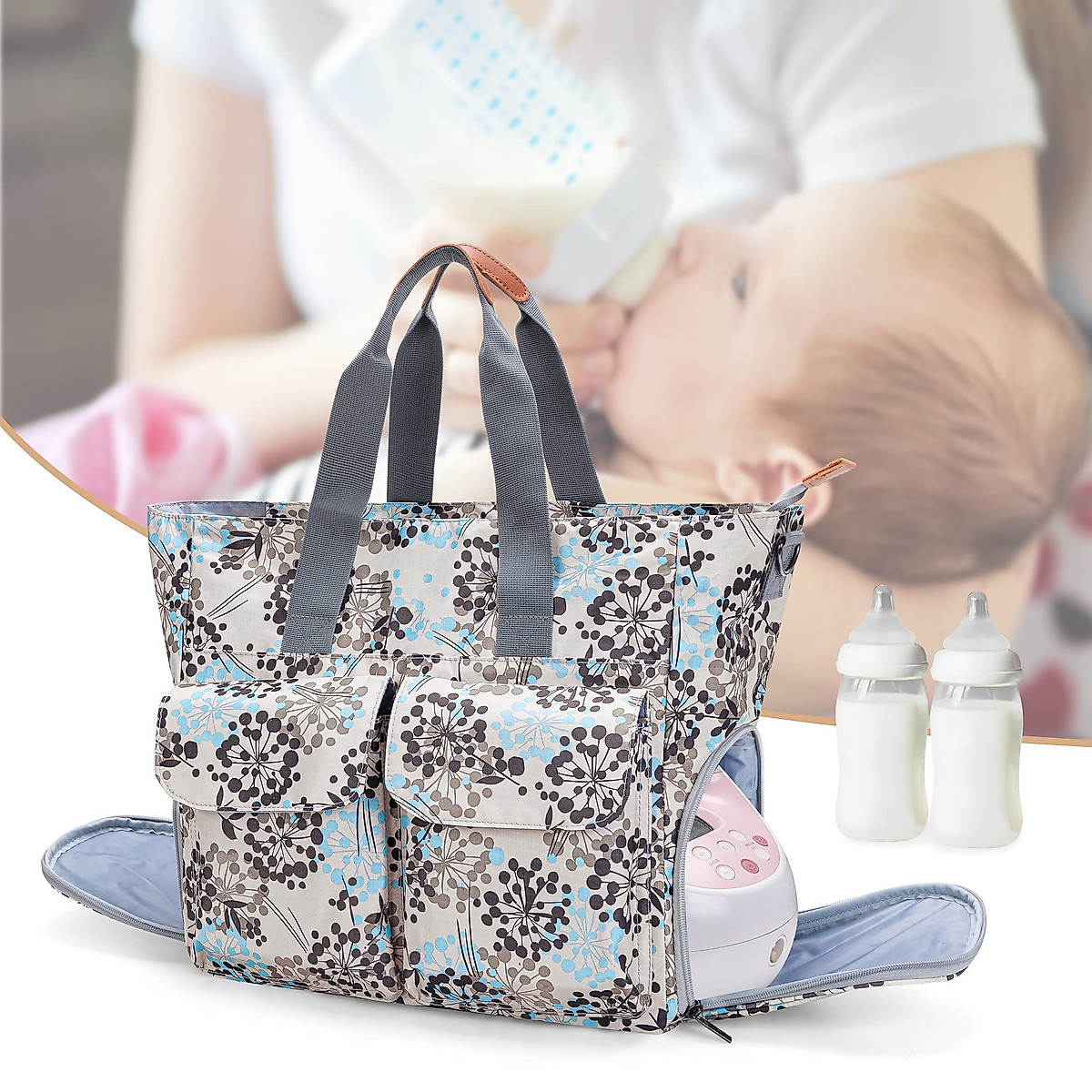 Teamoy Breast Pump Bag Compatible with Spectra S1,S2 and Cooler Bag, Breast Pump Tote Bag with Laptop Sleeve (Up to 14") for Working Moms, Dandelion(Bag ONLY)