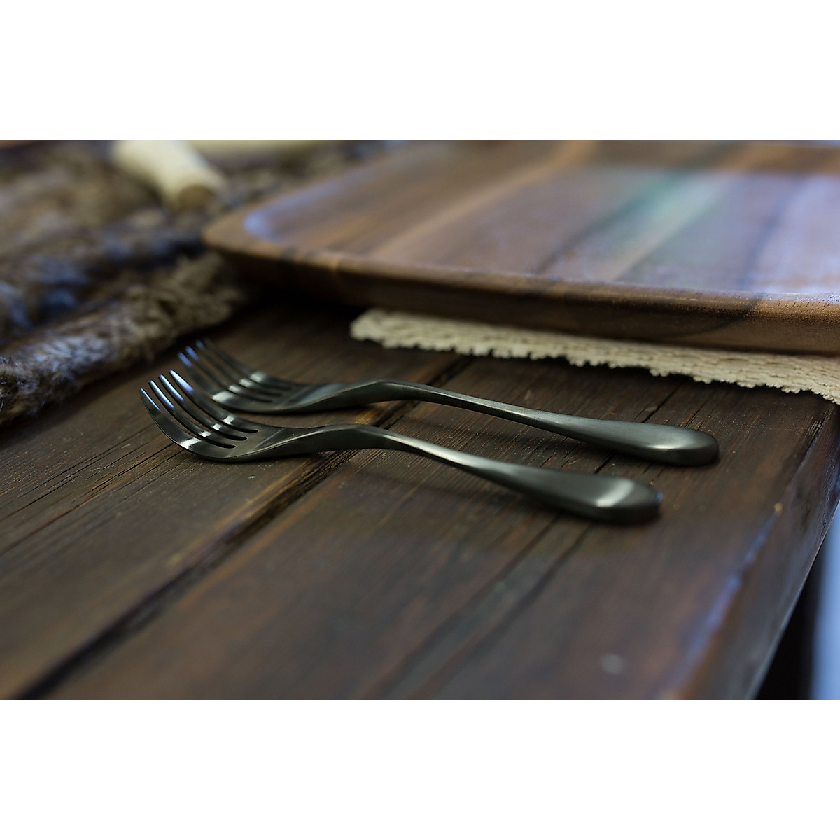 KNORK Original Stainless Steel Metal Utensils Titanium Coated Stainless Fork, 4 Piece Set, Matte Black