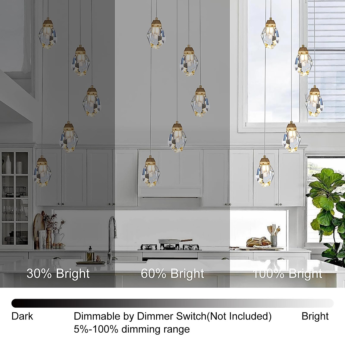 KOKAiZeeKi Dimmable Brass Gold Crystal Pendant Light - Modern 5-Light Diamond Chandelier for Kitchen Island, Dining Room, Hallway, and Bathroom