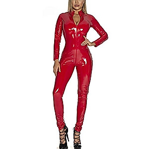 FEOYA Womens Wet Look Zipper Cat Suit Latex Catsuit Patent Leather Bodysuit Metallic Jumpsuit One Piece Party Clubwear Skinny Stretch Pvc Outfits Red, 2XL