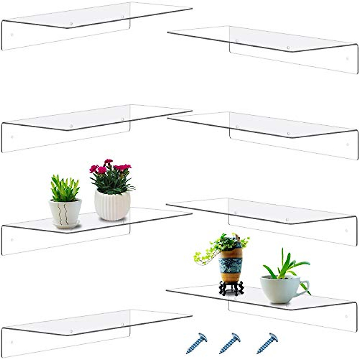 Blulu 8 Pieces Acrylic Floating Shelf, Invisible Wall Mounted Display Organizer Book Shelf for Kids Nursery Living Room, Bathroom, Bedroom, Kitchen, Office (Clear, 14 x 5 x 2 Inches)