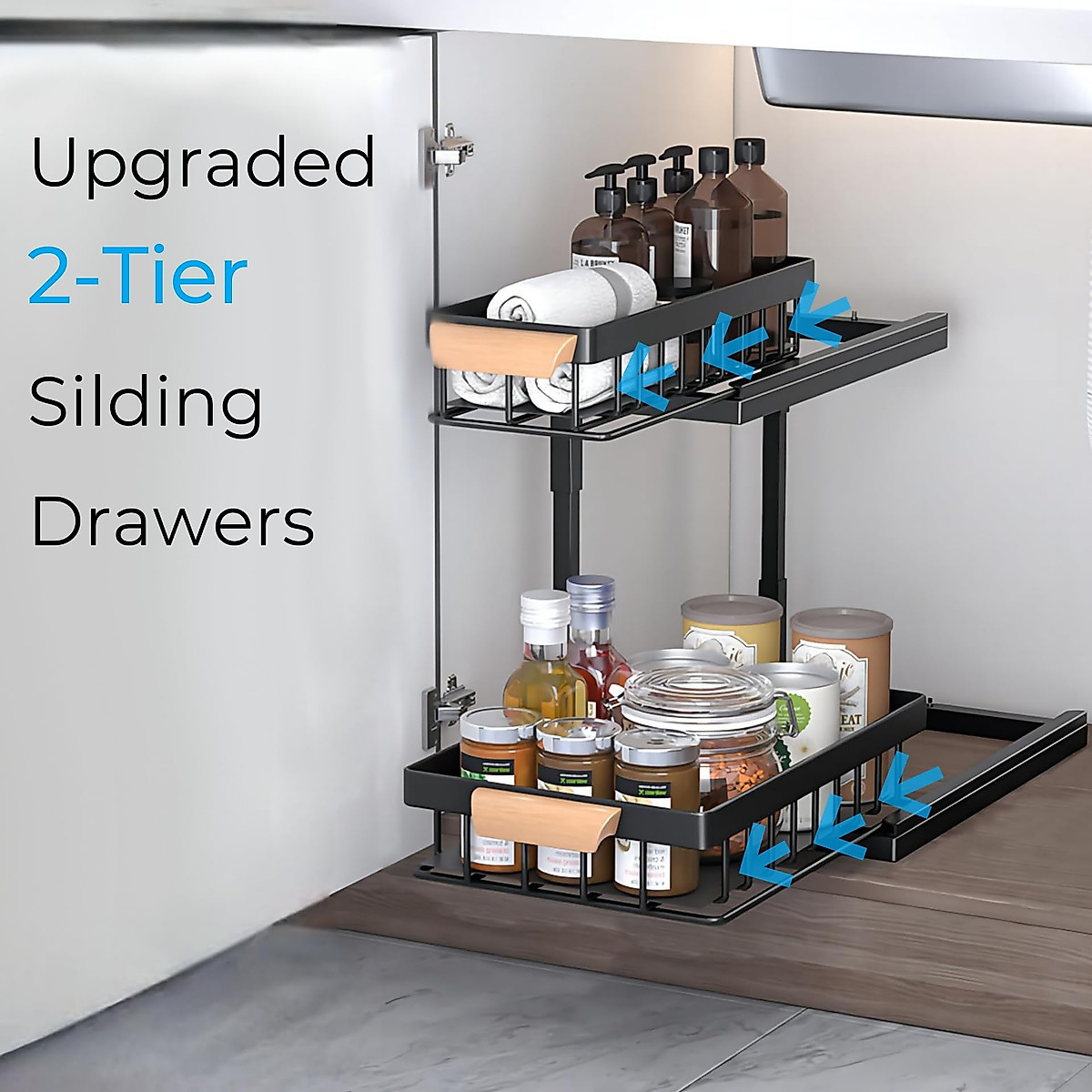 Under Sink Organizers, 2 Tier Pull Out Organizer and Storage, Upgraded Metal Storage Shelves with Sliding Basket, Cabinet or Countertop Organizer for Kitchen Bathroom (1 PC)