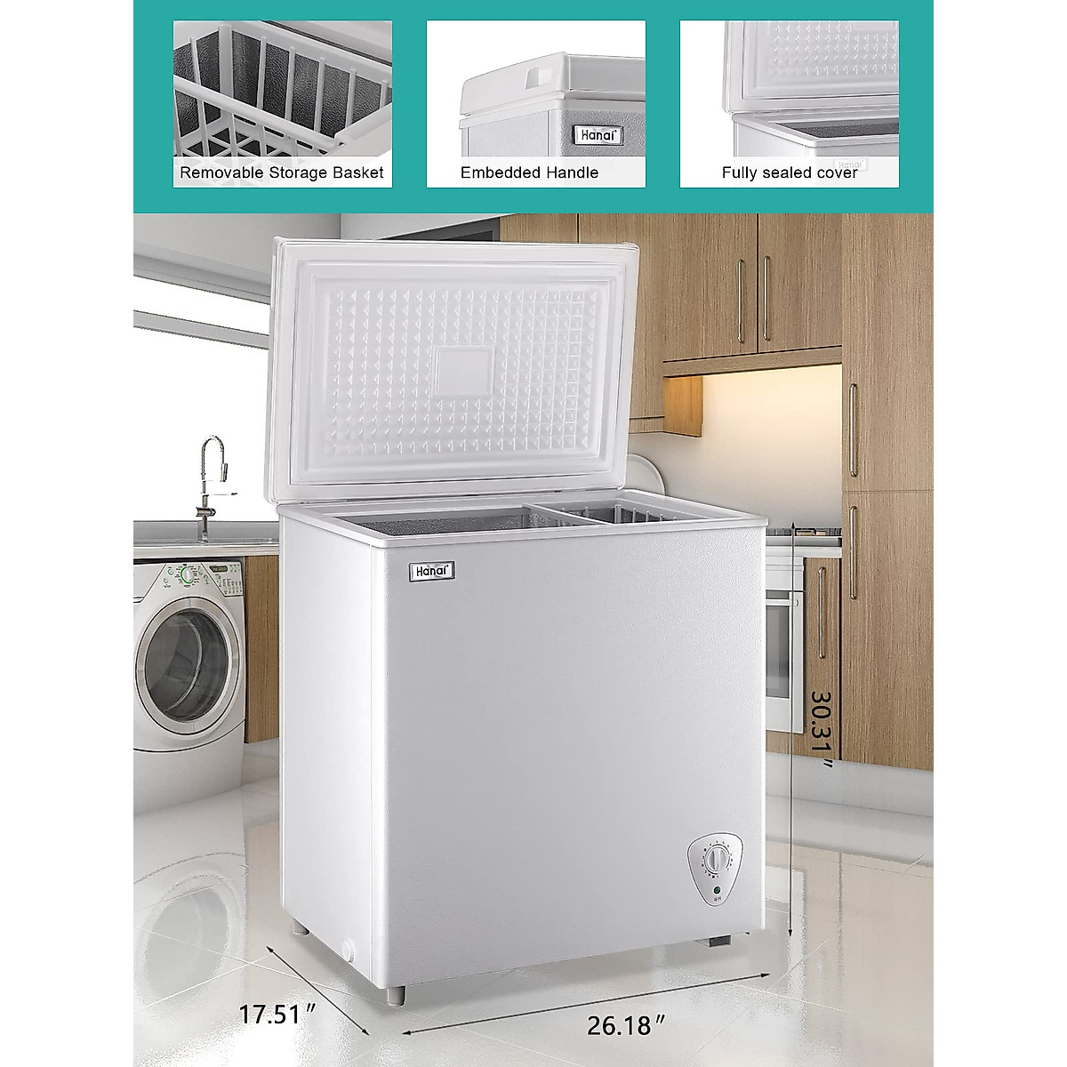 WANAI 5.0 Cu.Ft Compact Chest Freezers with 7 Adjustable Thermostat Top Open Door Freezer Compressor Cooling with Removable Storage Basket, Energy Saving Perfect for Home Bar Dorm or Apartment, Black