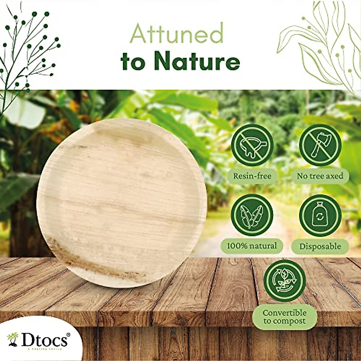 Dtocs Palm Leaf Plate Set (50 Pc) Bamboo Plate Like 9 Inch Round Dinner Plates| Disposable Party Plates, Charcuterie Boards, Platter Sturdy Than Heavy Duty Paper Plates for Weddings, Parties, Catering