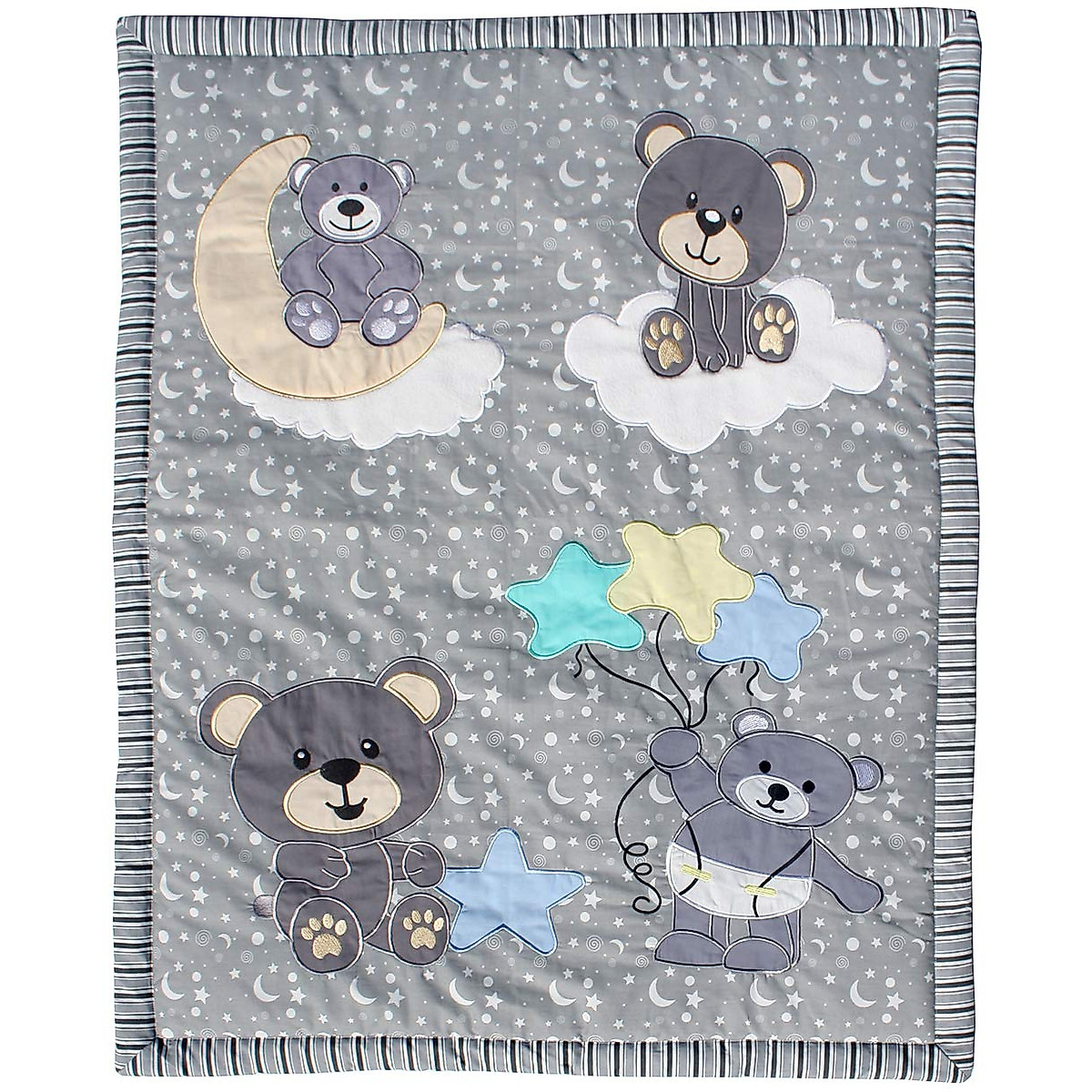 BabyFad Teddy Bear Grey with Stars, Moon and Cloud 100% Cotton Nursery for Baby Boys and Girls, Musical Mobile 9 Piece Crib Bedding Set