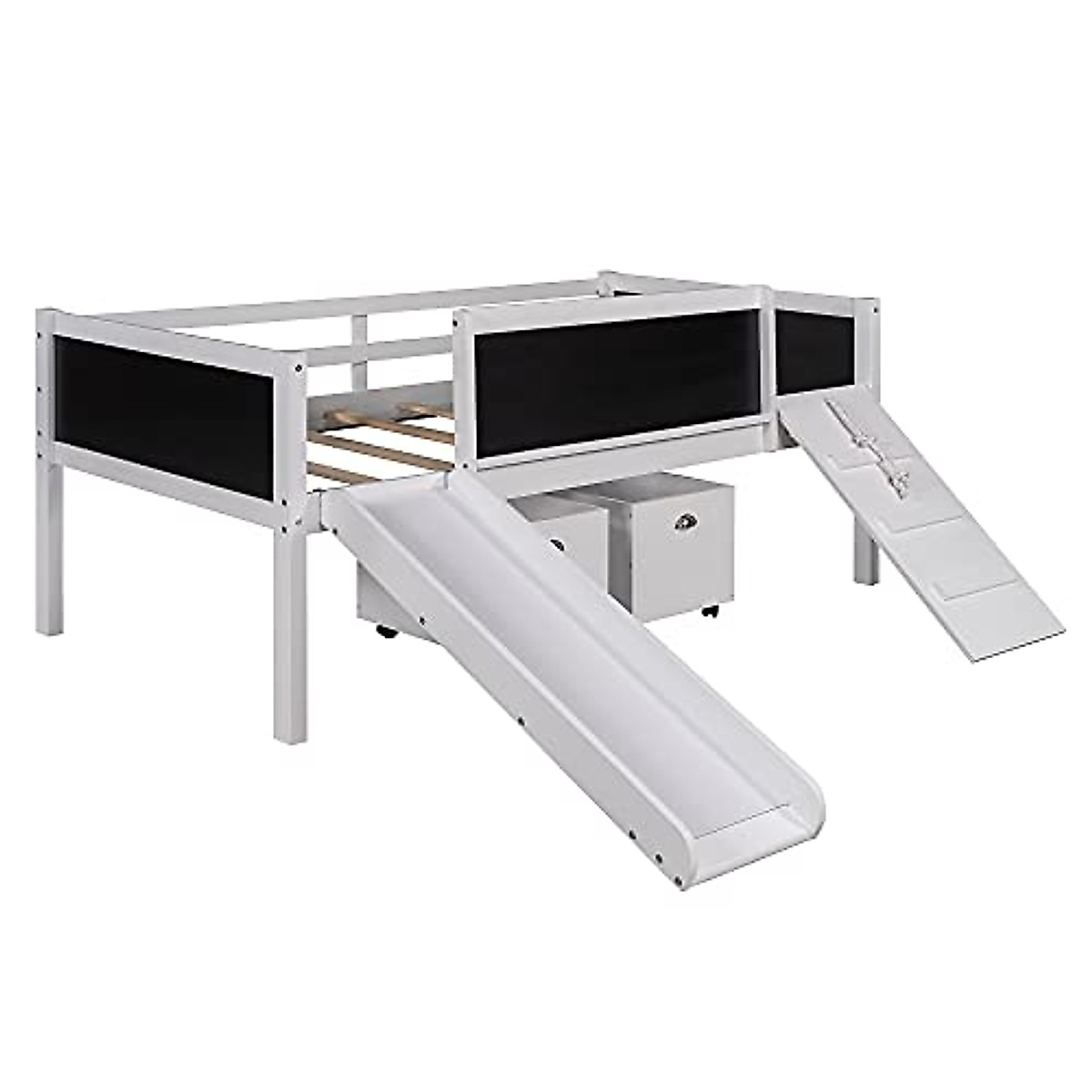 Harper & Bright Designs Kids Loft Bed with Slide and Double-Sided Chalkboard, Wooden Low Loft Bed Frame with 2 Storage Boxes, Twin Loft Bed for Boys & Girls (New, White)