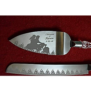 Aaron's Etching Flaming Motorcycle Biker Engraved Wedding Cake Knife/Server Set with Names and Date