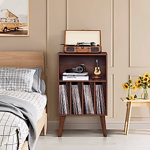 Lerliuo Record Player Stand, Walnut Turntable Stand Holds up to 160 Albums, Mid-Century Vinyl Storage Cabinet Table with Solid Wood Legs, Record Player Holder Dispaly Shelf for Bedroom Living Room