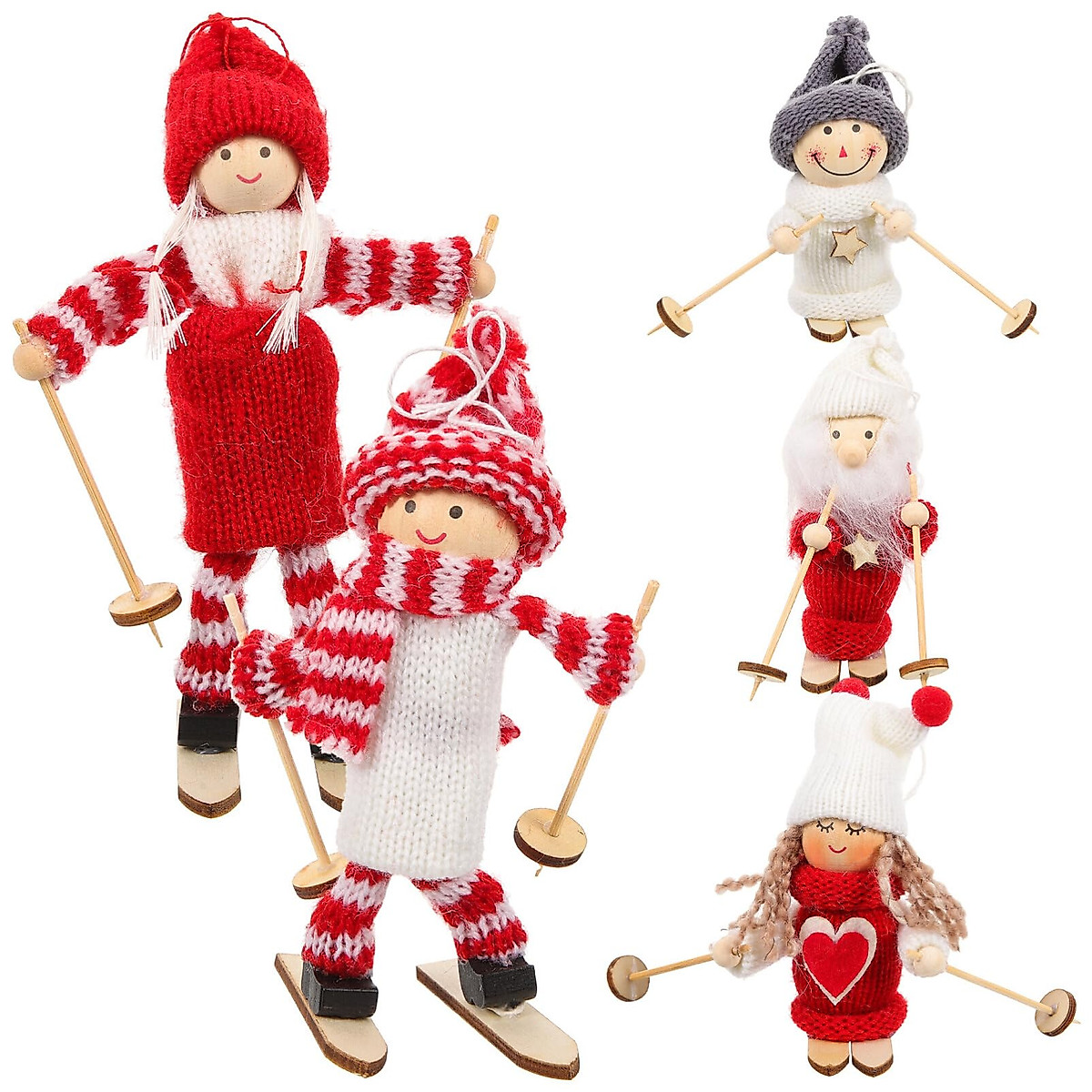 Amosfun Christmas Figurine Holiday Wooden Figure Miniature Ski Doll Ornament Gift Table Adults 5pcs (Mixed Pattern)