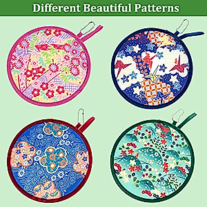 MXY Foldable Fan Round Japanese Style Summer Handheld Folding Fans Festival Wedding Party Decor Home Personal Decoration 4 Units Different Beautiful Patterns