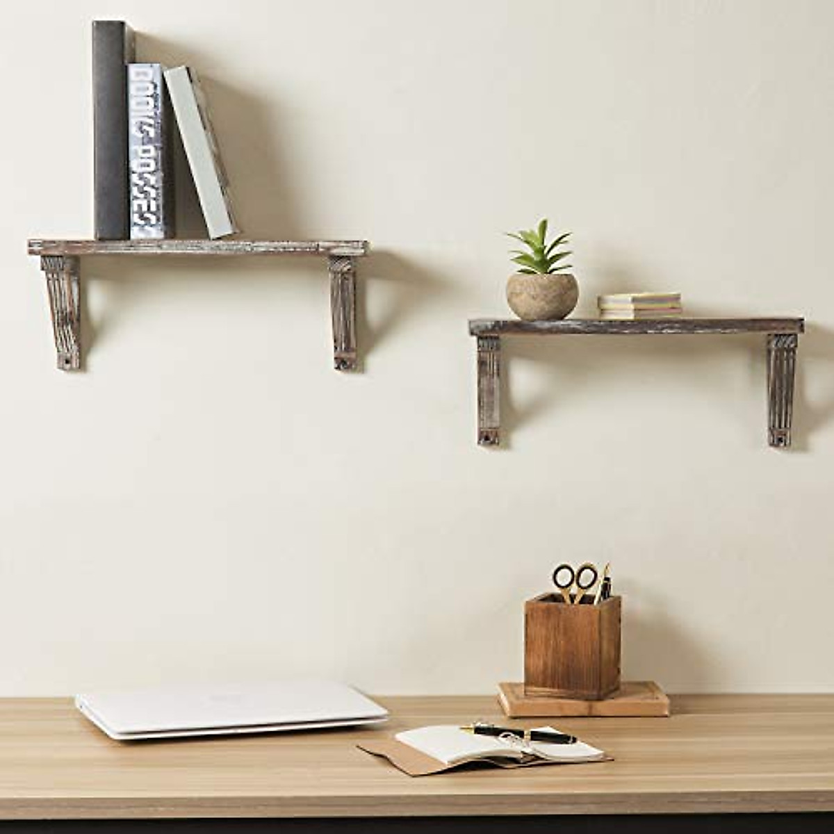 MyGift Wall Mounted Floating Shelves - 16.5 InchTorched Wood Decorative Shelf with Wooden Brackets, Set of 2