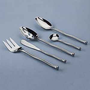 Gourmet Settings 5-Pieces Hostess Silverware Exotique Platinum Matte/Polished Metal Flatware Serving Set, Stainless Steel Kitchen Utensils Knife/Fork/Spoons, Dishwasher Safe