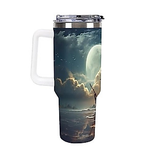 40 Oz Sailing Ship Insulated Stainless Steel Tumbler with Handle & Straw Lid, Reusable Travel Cupholder Friendly Mug for Coffee, Water, Tea