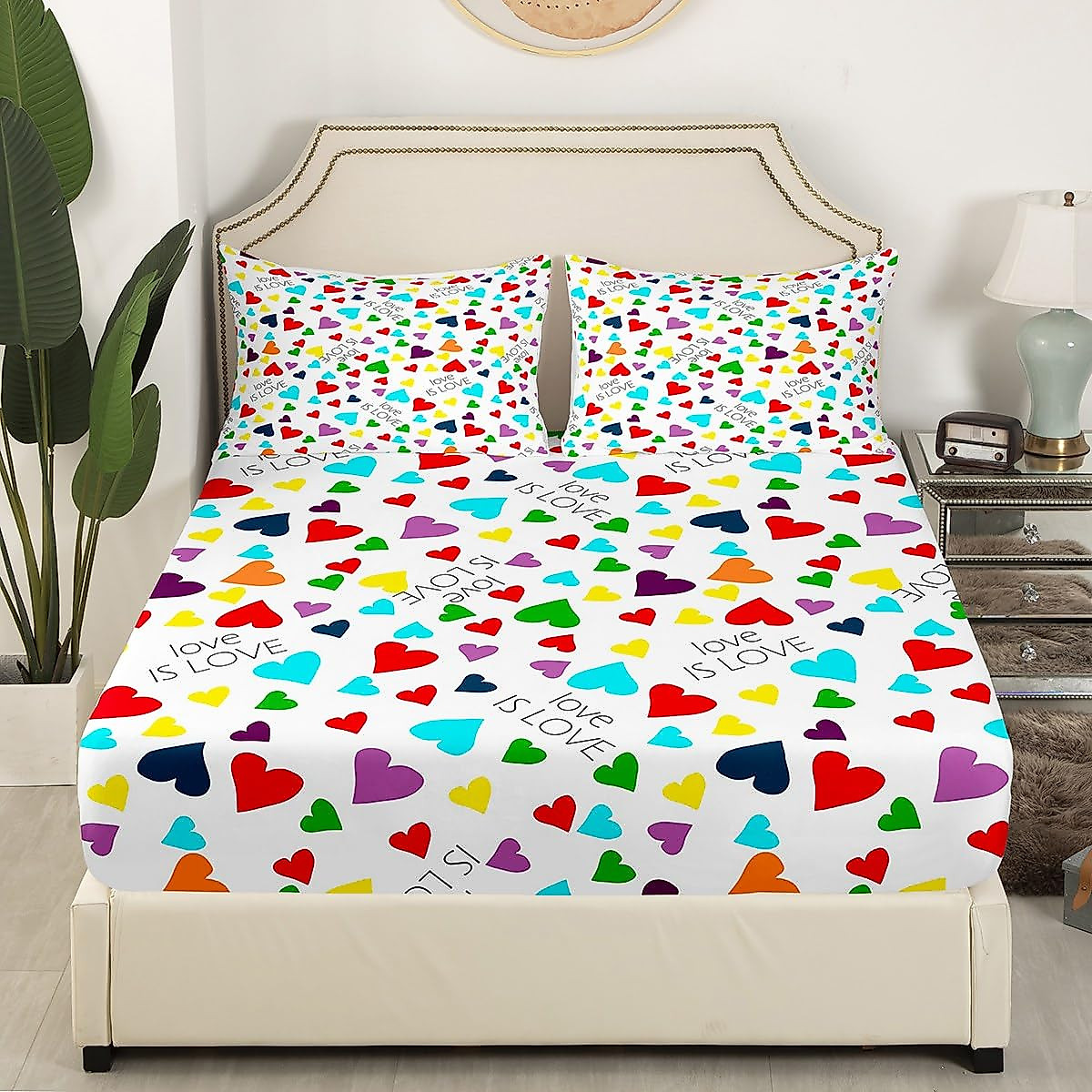 jejeloiu Kids Heart Love Sheet Set King Size Geometric Love Pattern Bed Sheets Set Romantic Sheets with Deep Pocket Fitted Sheet Valentine's Day Colorful Bedding Set with 2 Pillow Case