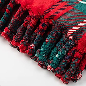 Cozy Bliss Tassel Throw Blanket for Couch, Buffalo Plaid Blanket with Tassel, Super Soft Fuzzy Fleece Blanket Decorative for Sofa Couch Bed Living Room (Red/Green, Throw 50" x 60")