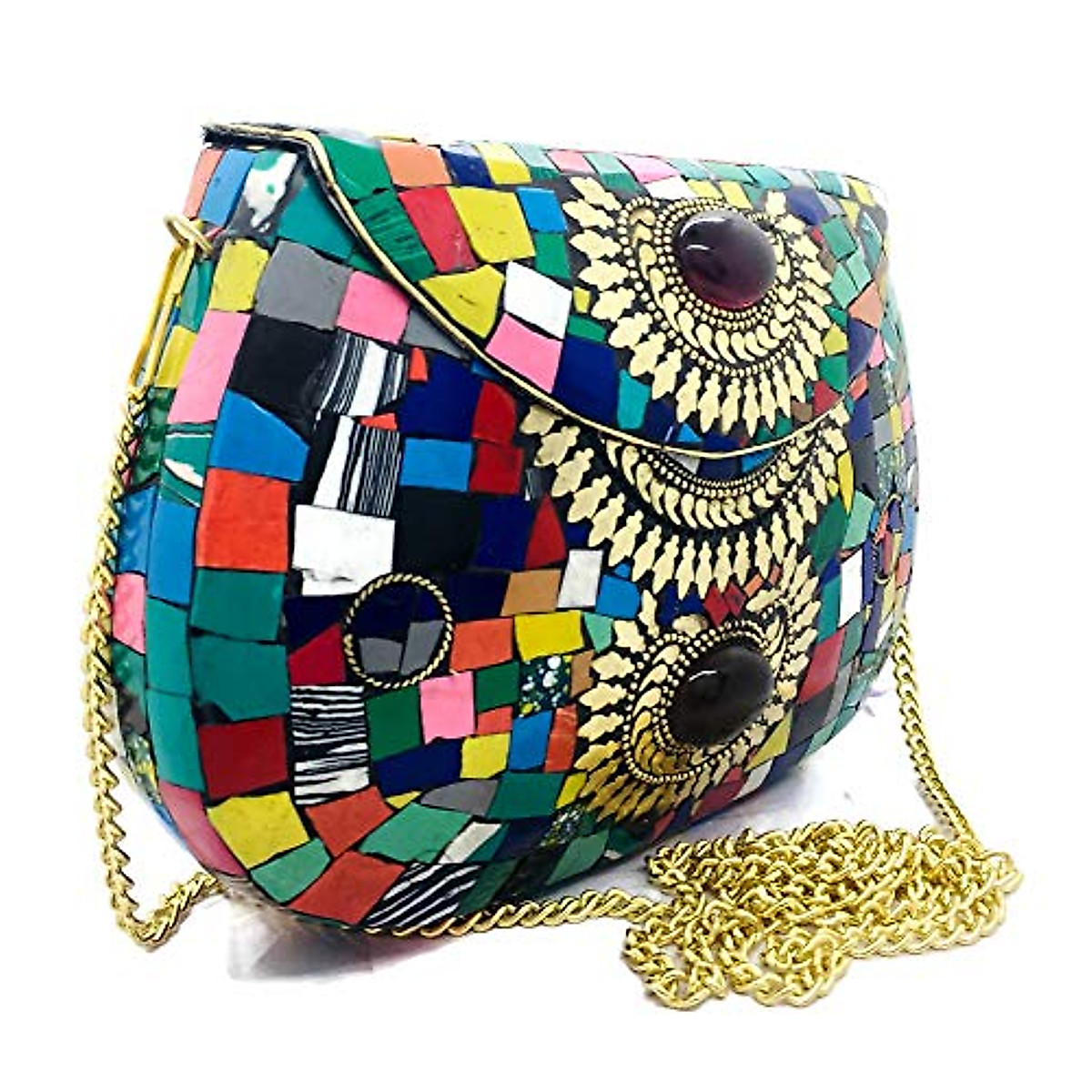 Antique Indian art Handmade Multi color Stone mosaic metal bag Women/Girls Bridal metal clutch party sling bag
