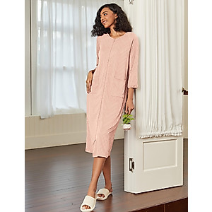 Ekouaer Zipper Robes for Women Ribbed Knit Bathrobe Lightweight Full Length Loungewear with Pockets Misty Pink,L