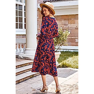 GRACE KARIN 2023 Women's Floral Print Dress V Neck Long Lantern Sleeve Bohemian Dress Elegant Flowy Dress Navy Blue XL