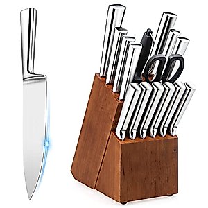 COSTWAY Kitchen Knife Set, with Block, Sharpener & Kitchen Shears,Ultra Sharp Knife Set with Chef Knife, Bread Knife, Santoku Knife, Utility Knife, 6 Steak Knives(16-Pieces, Silver, Brown)
