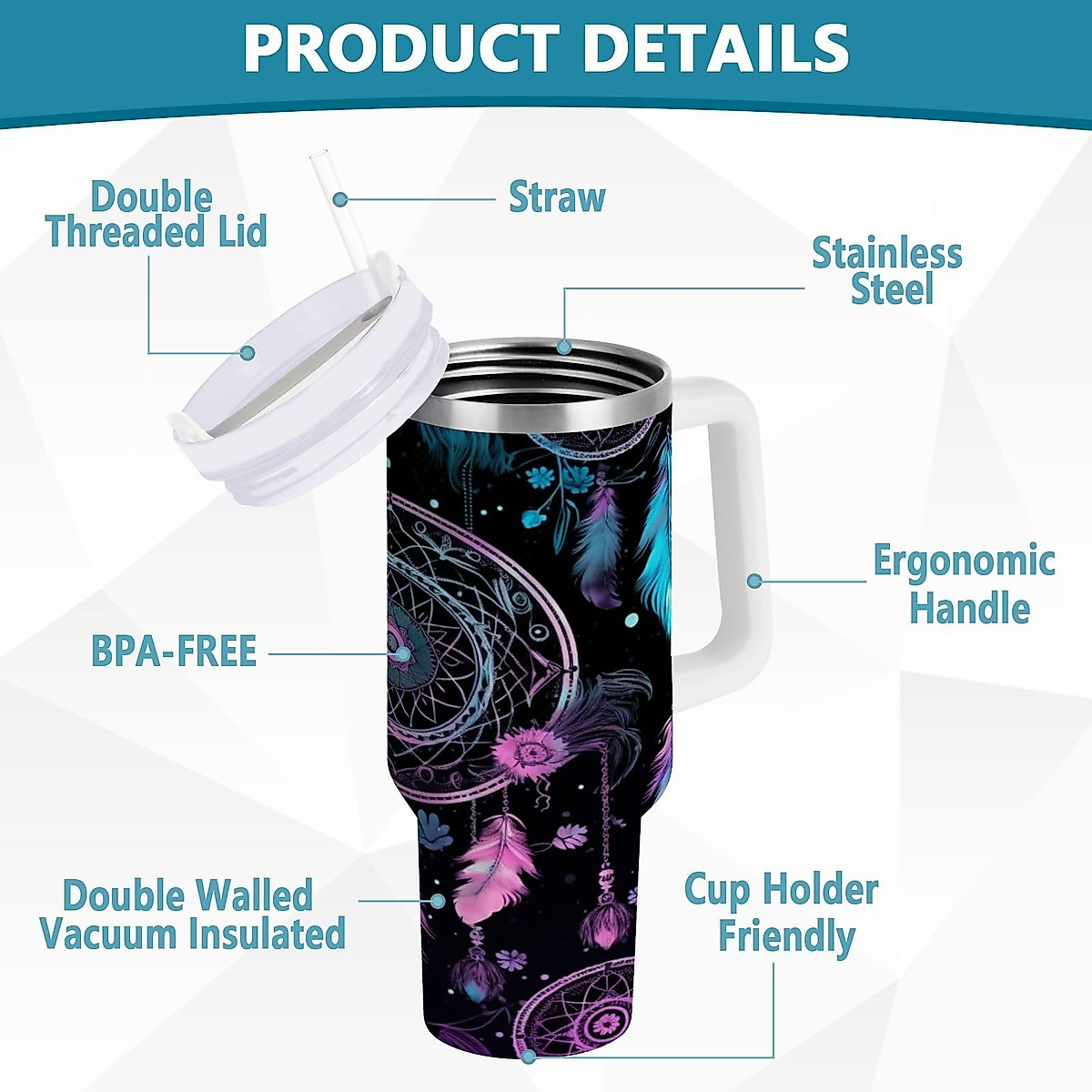 FLildon 40oz Tumbler with Handle and Straw Lid, Purple Dream Catcher Insulated Coffee Mug Stainless Steel Water Bottle Leakproof Vacuum Travel Coffee Cup