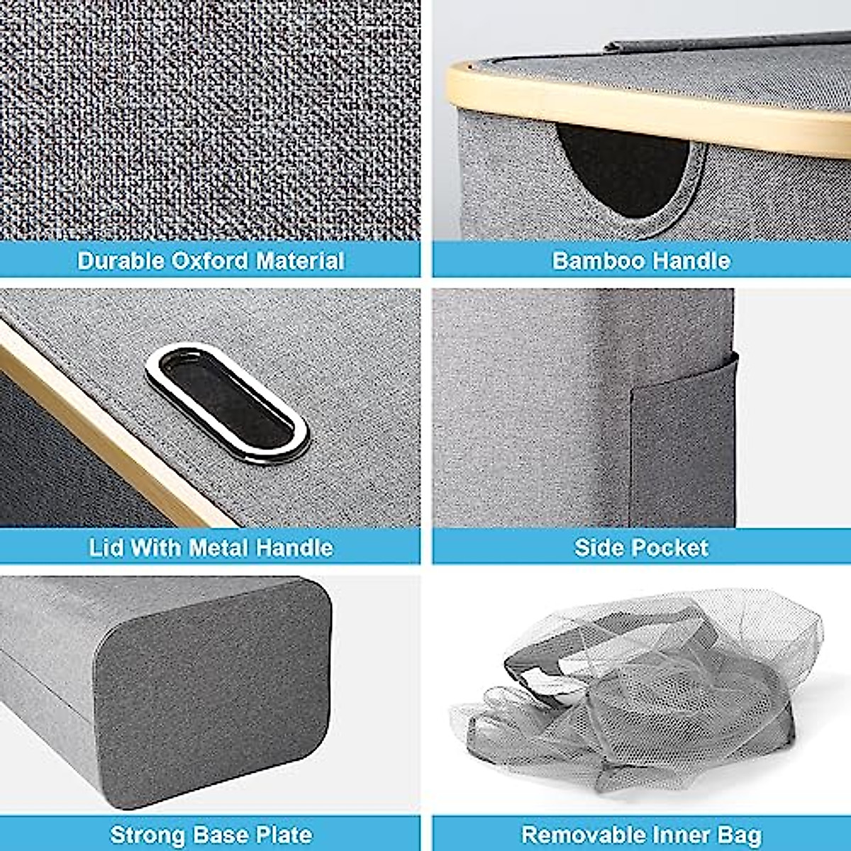 Laundry Hamper, Zekeson 100L Collapsible Laundry Basket with Lid and Handle, Clothes Basket Organizer with 2 Removable Inner Bags for Storage in Bedroom Bathroom Children's Room (Gray)