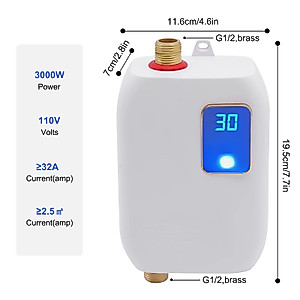 Electric Water Heater-110V Small Instant Hot Water Heater,Under Sink Plug in Tankless Water Heater on Demand with LCD Digital Display for Kitchen Sink Faucet (White)