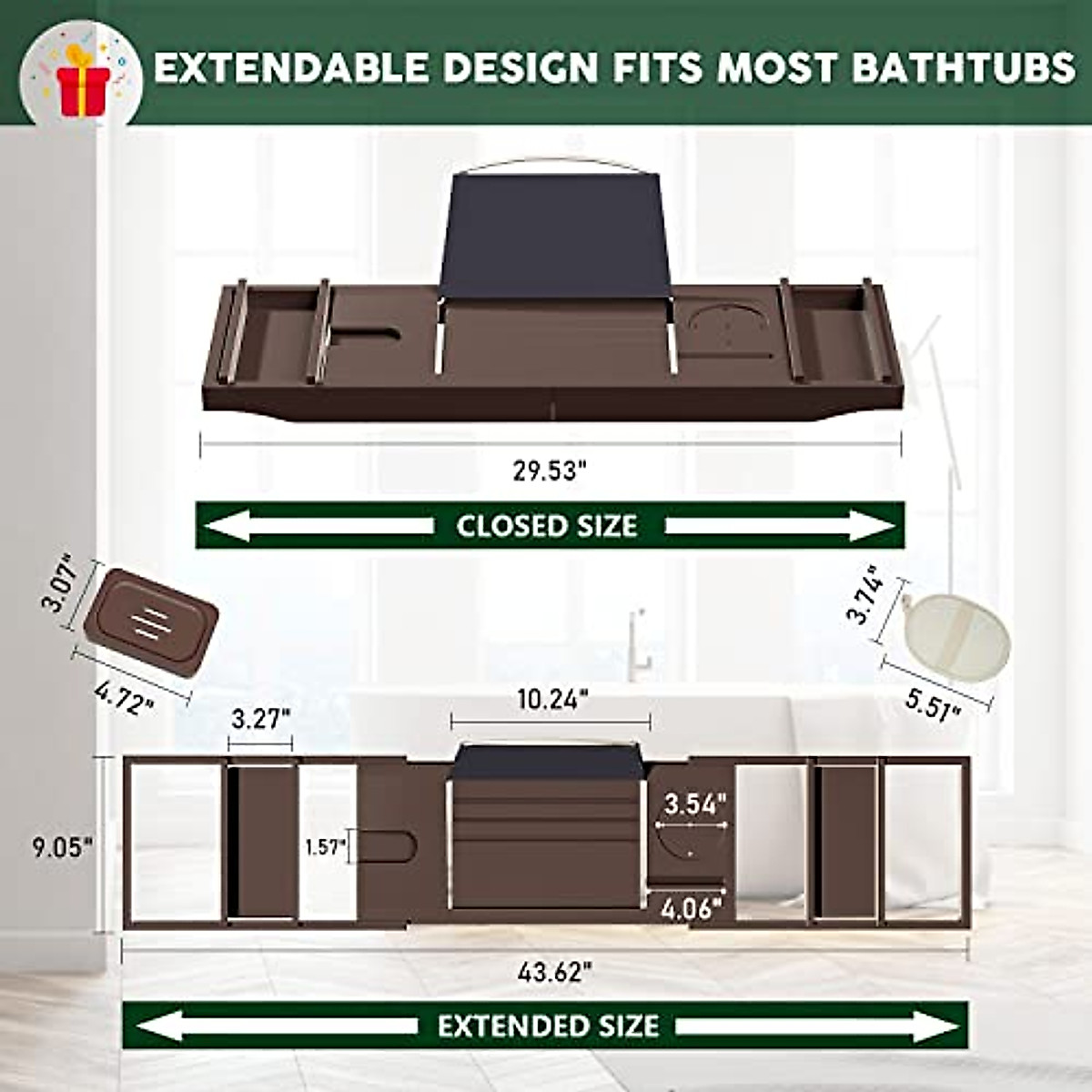 Bathtub Caddy Tray - Luxury Bath Tray for Tub - Adjustable Bamboo Bath Table - Bath Board over Tub, Spa Accessories Organizer with Free Soap Dish & Bath Glove - Gift Choice Fits All Occasions (Walnut)