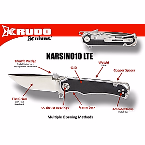 KRUDO Knives KARSINO10 LTE Folding EDC Knife with Drop Point Blade, G10 Inlays, SS Ball Bearing Washers, Louis Krudo’s Original Thumb Wedge for Pocket Deployment, Tactical Pocket Knife, Pocket Art.
