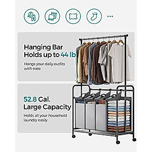 4-Bag Laundry Sorter Rolling Cart with Hanging Bar Heavy-Duty Wheels Gray Grey Polyester