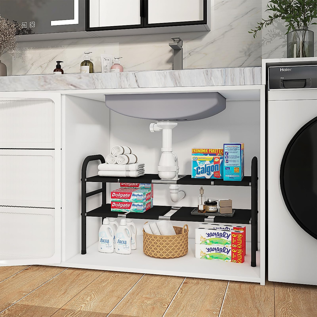 WonCherry Expandable Under Sink Organizers, 2-Tier Kitchen Bathroom Cabinet Storage Counter Shelf, Shoe Storage Rack with 8 Removable Plastic Boards for Kitchen, Bathroom, Pantry, Entryway, Closet