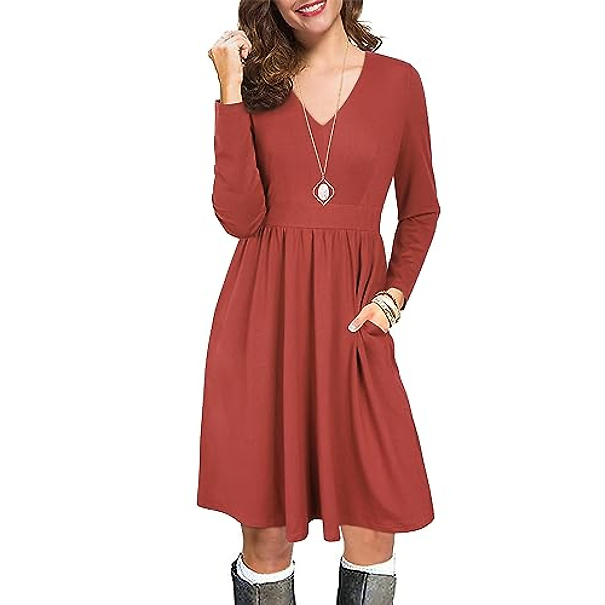 ULTRANICE Women's Fall Casual Long Sleeve Dresses V Neck Business Work Winter A Line Church Dress with Pockets 2023(Red E,XL)