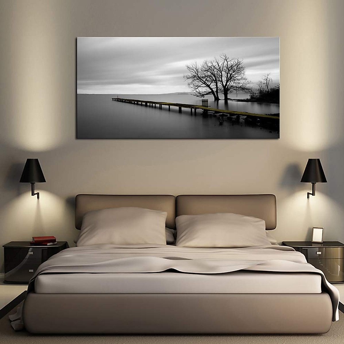 DZL Art S74950 Gray Canvas Prints Modern Minimalist Black and White Lake Trees Landscape Wall Art Painting for Living Room Bedroom Decor Office Wall Decor Home Decoration