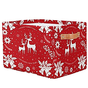 Cute Christmas Decor Storage Basket Bins Cubes Organizer Xmas Red and White Deer Foldable Storage Box with Leather Handles Collapsible Closet Storage Bins for Shelves Kids Toys Closets Nursery Bedroom