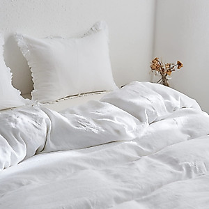 Simple&Opulence 100% Linen Duvet Cover Set, 3 PCS Natural French Flax White Ruffle Duvet Cover King Size, Breathable Comfy Linen Bedding Comforter Cover with 2 Pillowcases (White, 104"X92")