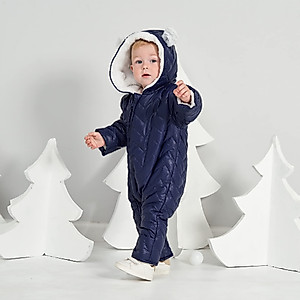 Bafeicao Infant Baby Boy Girl Winter Hooded Snowsuit Romper Zipper Padding Jumpsuit Winter Warm Puffer Jacket with Gloves,Navy Blue, 9-12M